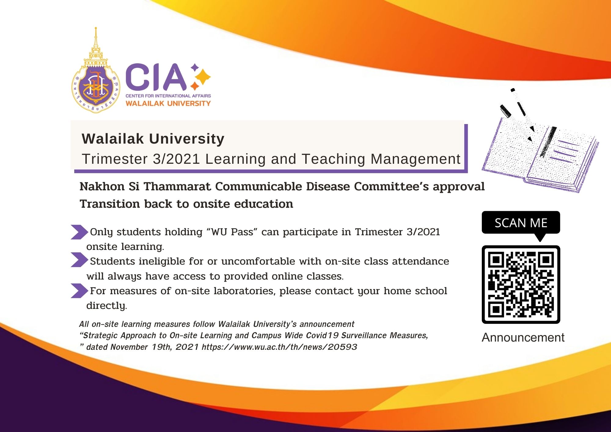 Walailak University. Transition back to onsite education